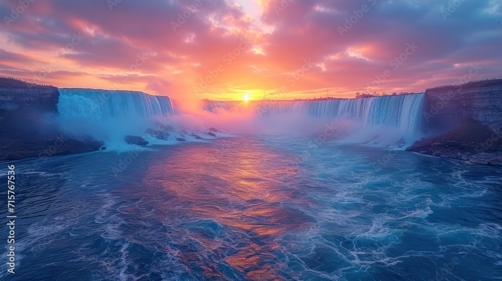 the sun is setting over a waterfall with a waterfall in the foreground ...