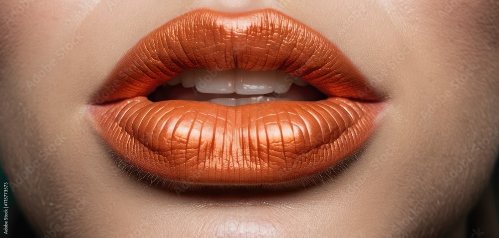 a close up of a woman's lips with a bright orange liquid on top of her ...