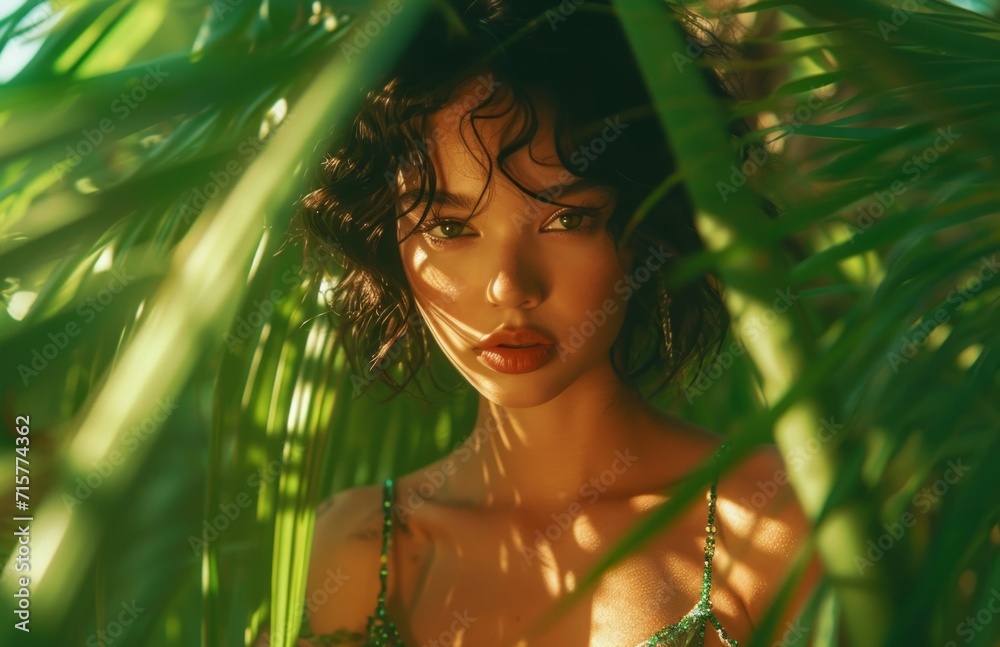Newcomer Girl Posing Amongst Tropical Palms Green And Bronze Bold And