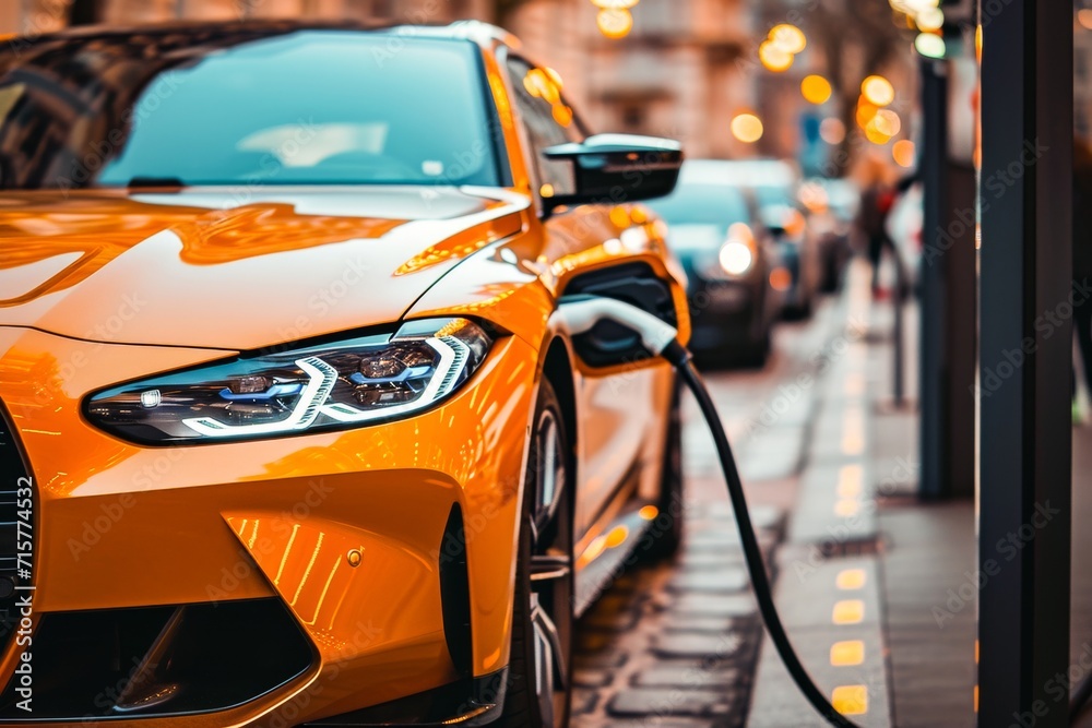 An orange electric car charging from a station on a city street ...