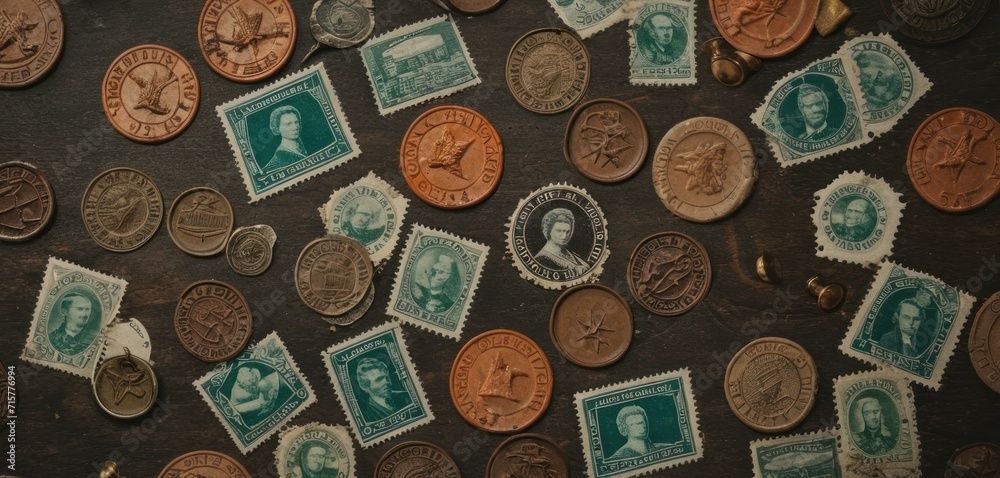 a table topped with lots of different types of stamps and stamps on top ...