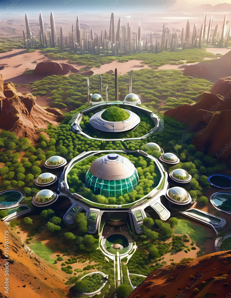 A futuristic space colony on a terraformed Mars, with domed cities and ...