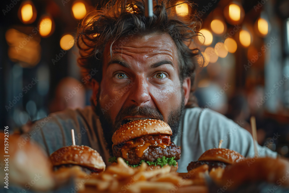 Hungry and unkempt man eating a large portion of cheeseburger with ...