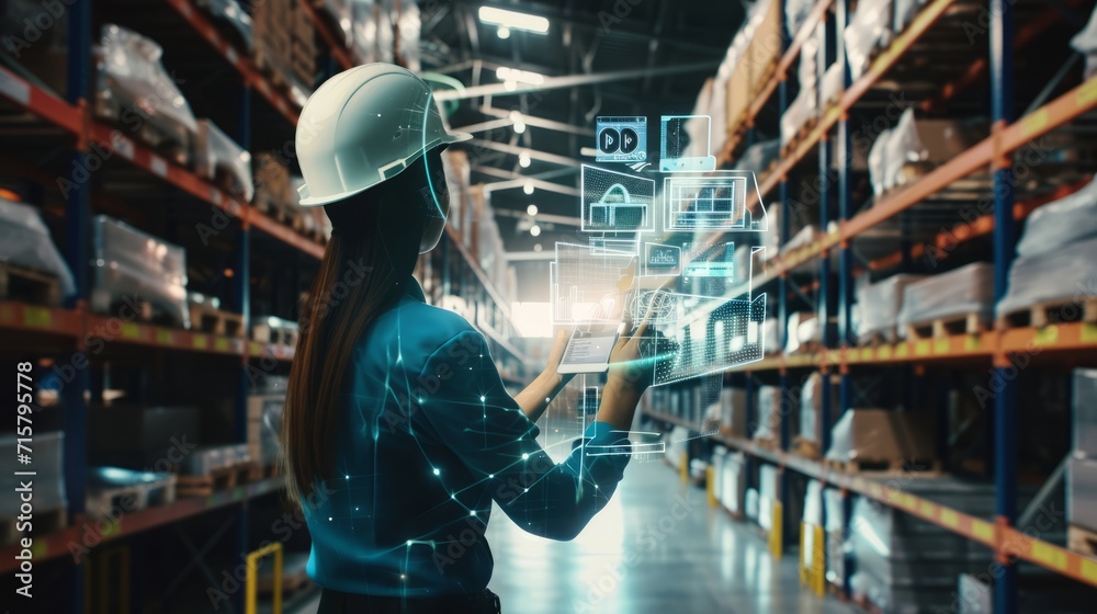 Future AI warehouse concept, female workers in the virtual reality ...