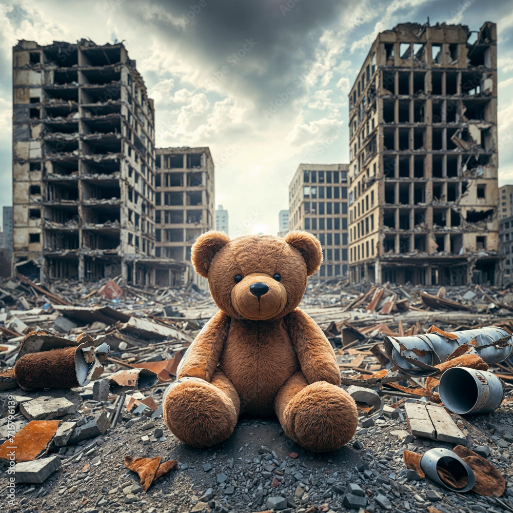 teddy bear sitting in the middle of a destroyed building, a stock photo ...