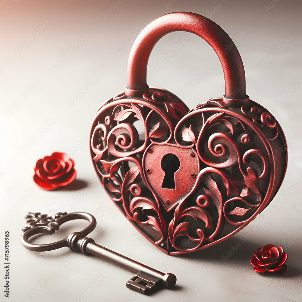 Red forged lock in the shape of a heart and a key to it. A symbol of ...
