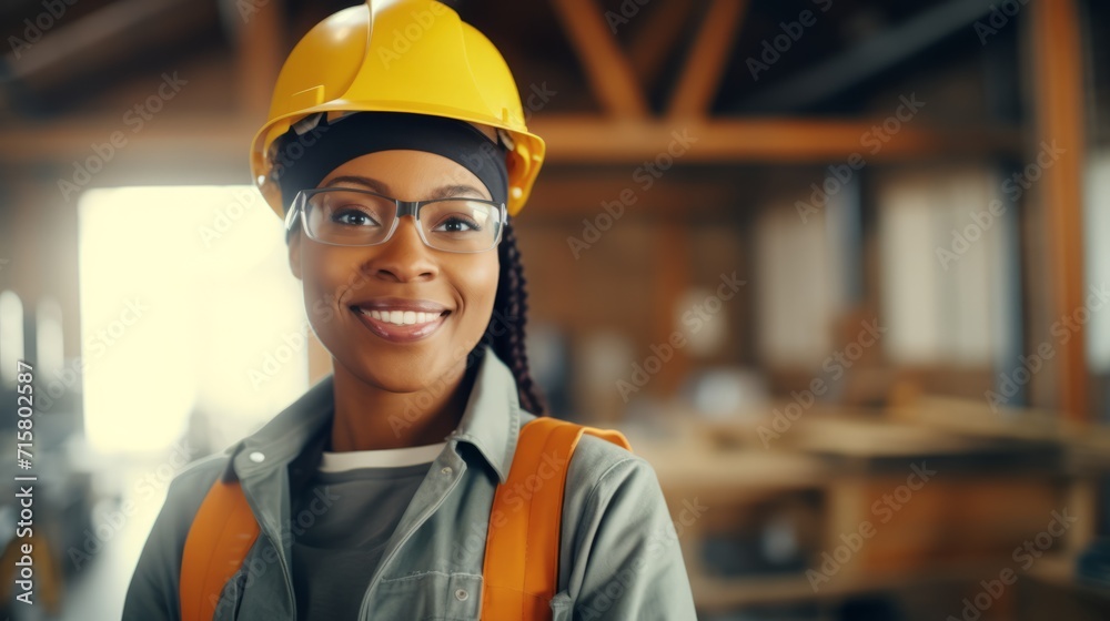 Happy African Woman standing on a construction site. Portrait of a ...