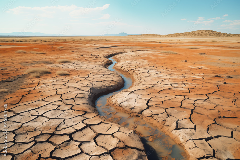 A narrow stream meanders through the contrasting cracked desert soil ...