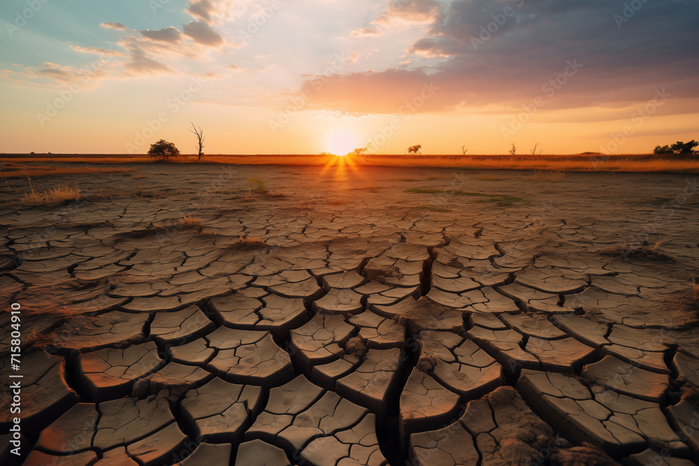 The sun sets dramatically over a vast landscape of dry, cracked soil ...