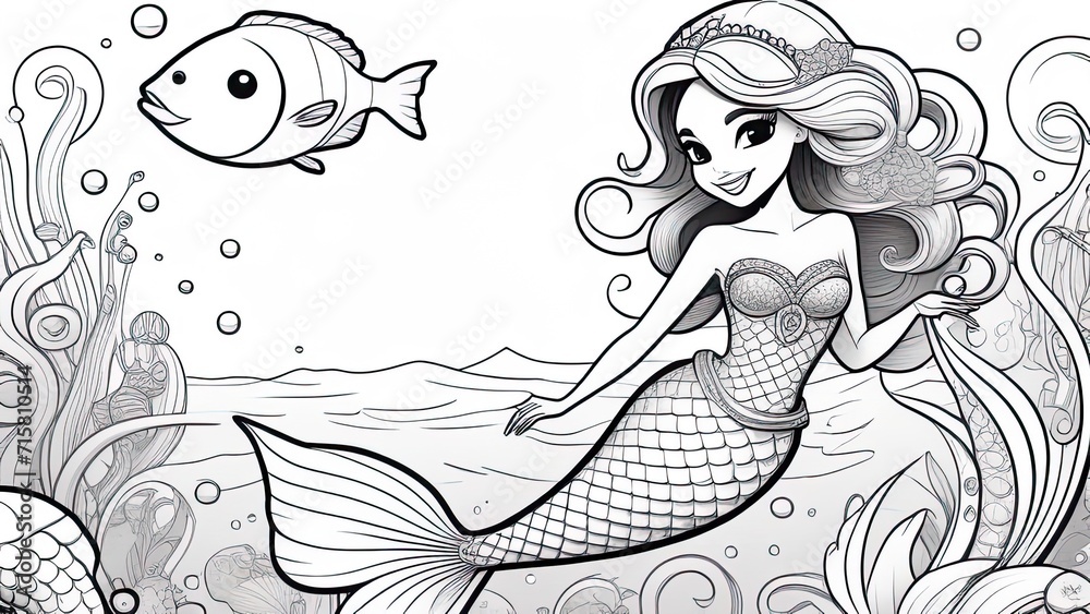 Beautiful mermaid coloring page under the sea. Little mermaid cartoon ...