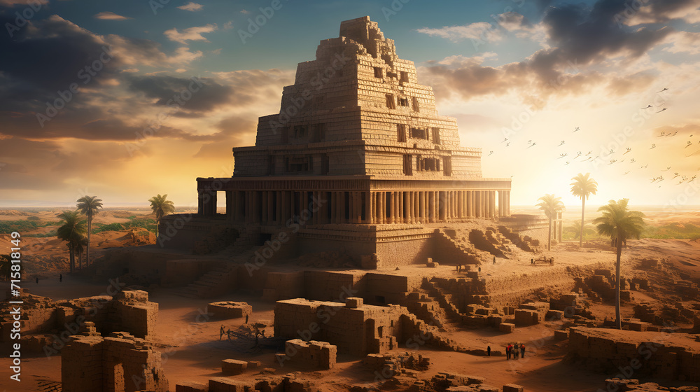 Ancient city of Babylon with the tower of Babel, bible and religion ...