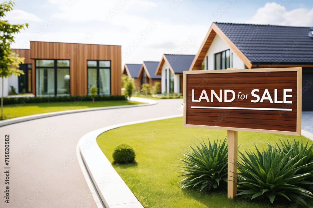 Wooden Land for Sale Sign on Vacant Lot or Lawn in a Suburb with Modern ...