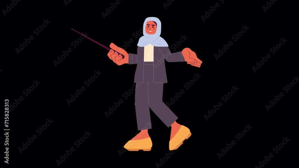 Hijab teacher holding pointer stick 2D character animation. Muslim ...