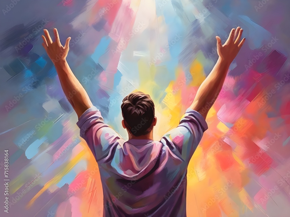 The man raises his hands to praise and glorify God. A man rejoices ...
