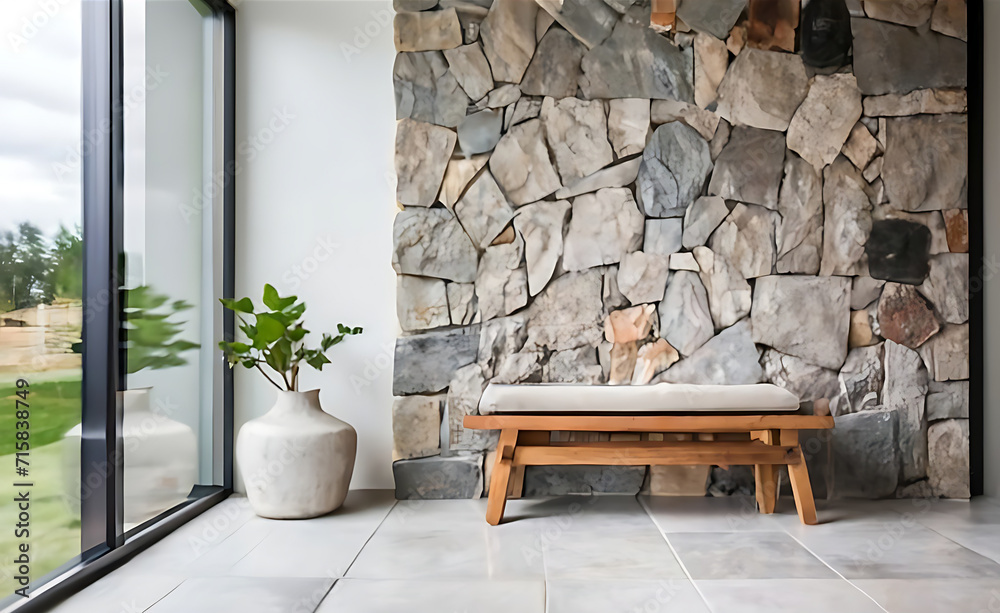 Wooden rustic bench near wild stone cladding wall against window ...