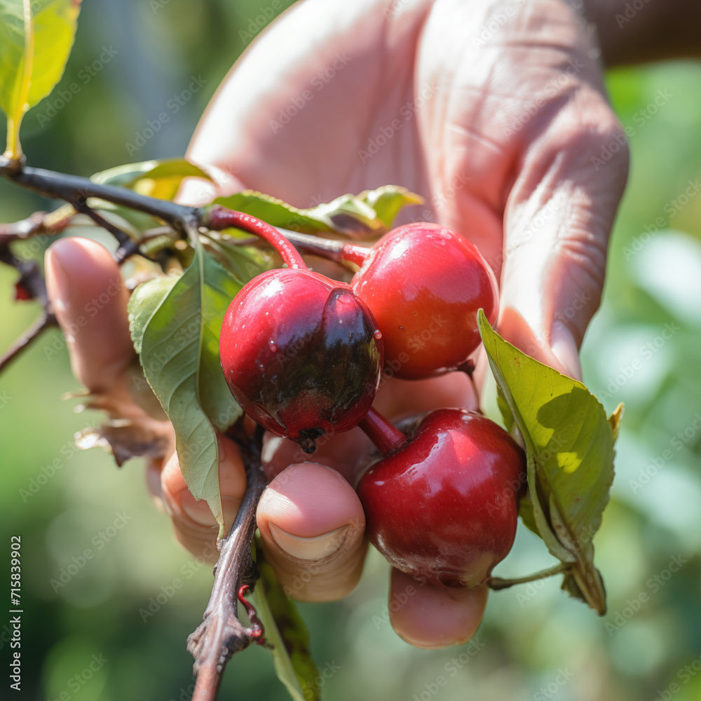 woman holds a rotten, spoiled crop, overripe acerola with dirty peel ...