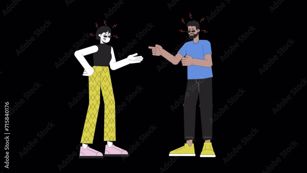 Interracial couple argument line cartoon animation. Emotional ...