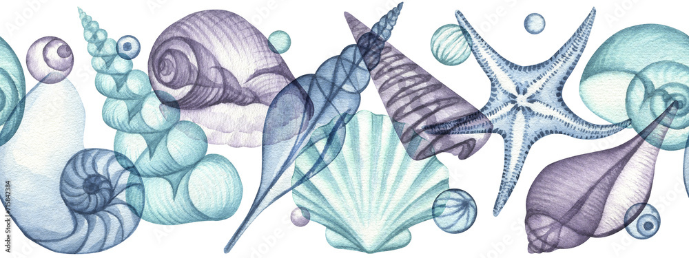 Watercolor nautical seamless border, blue transparent nautilus ...