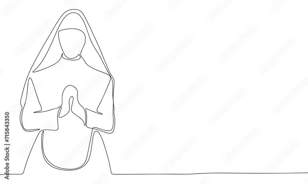 One line continuous nun. Line art nun isolated on white background ...
