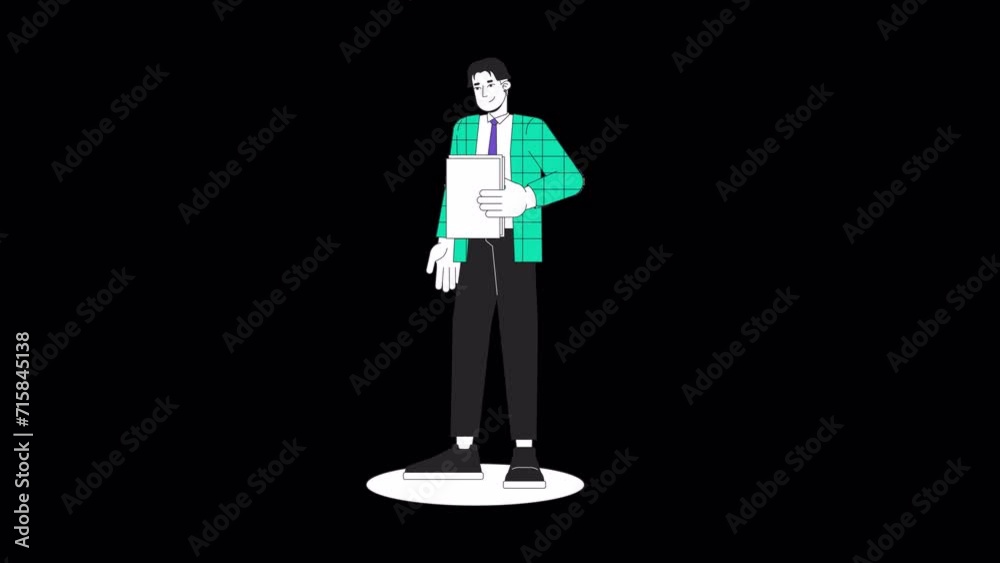 Asian male office worker holding paperwork line 2D character animation ...