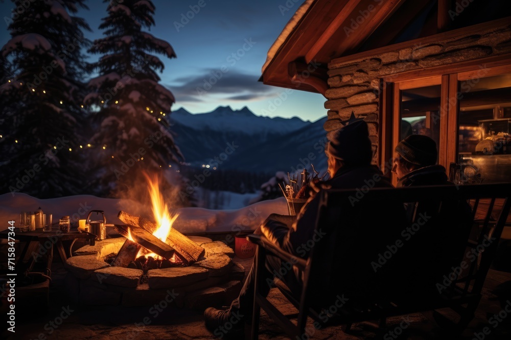 Two persons enjoy a warm fire outside a cozy log cabin, basking in the ...