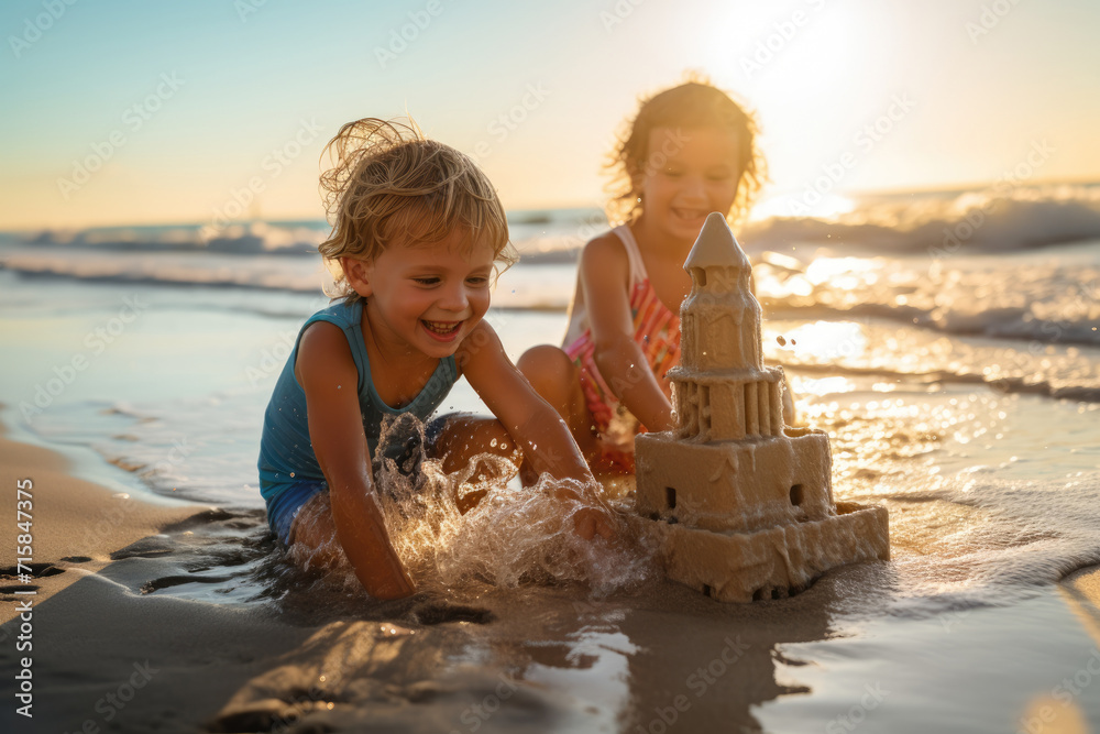 Two young children giggle as they play with a sandcastle by the sea ...