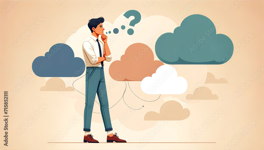 Man in contemplation, standing with thought bubbles and cloud ...