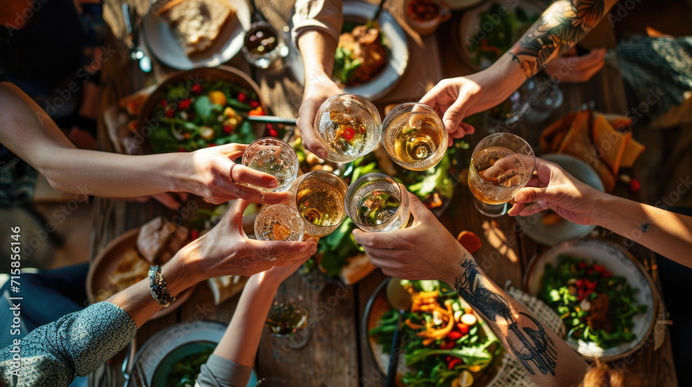 Top view of a group of people sitting around a rustic wooden dining ...