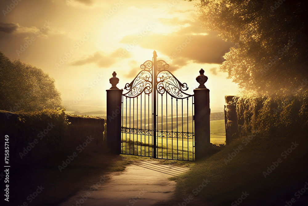 Majestic carved gate is closed, path leads to it. Behind them opens ...