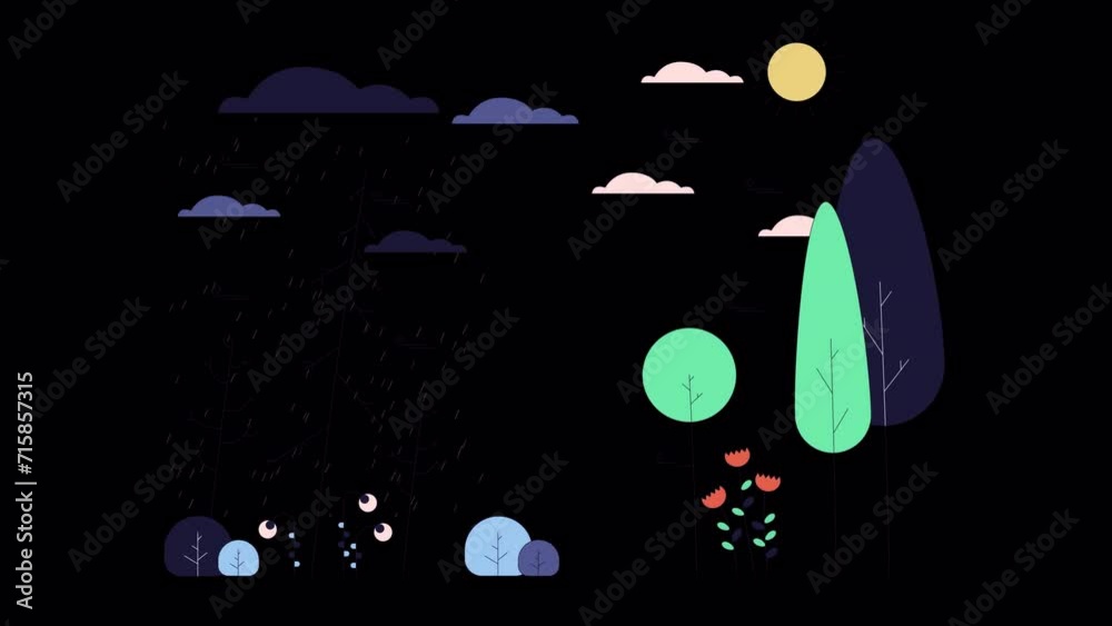 Nature seasons changing line cartoon animation. Rain drops bad weather ...
