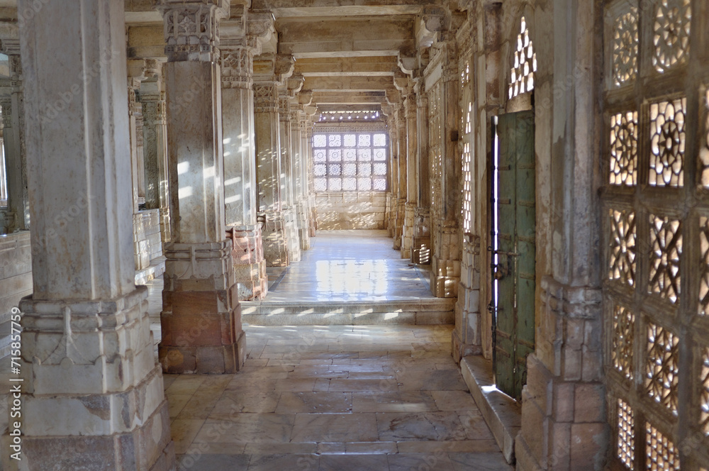 Stone Jali or Jaali with columns reflecting sunlight at Sarkhjez Roza ...