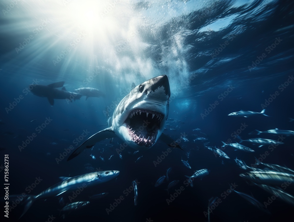 A chilling image portrays a shark, its gaping maw revealing rows of ...
