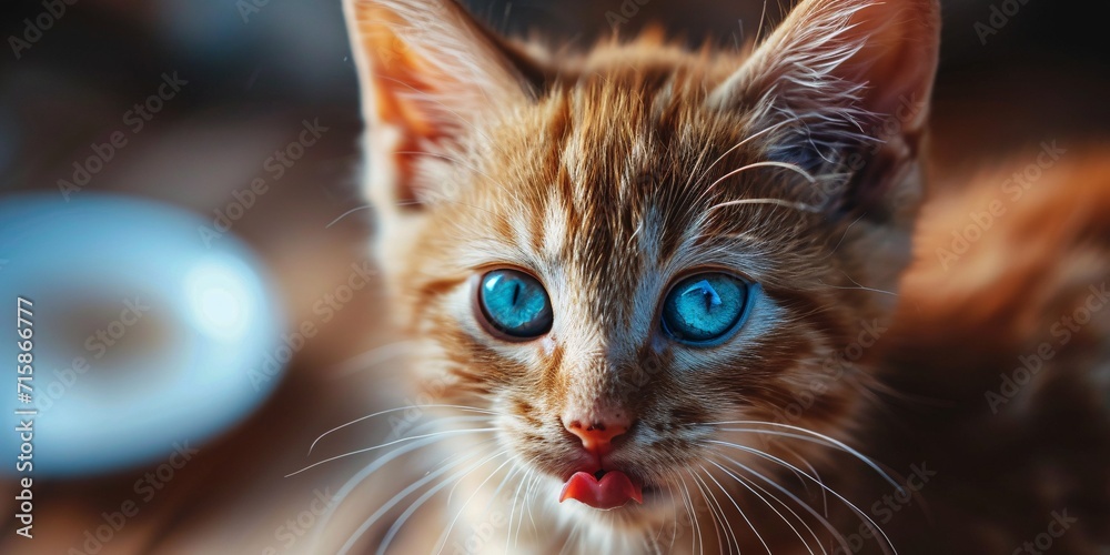 Amusing feline licks his lips. Close-up of a white and red kitty with ...