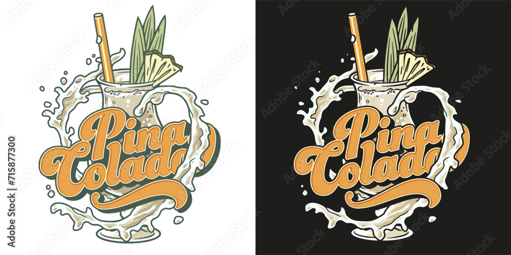 Pina Colada cocktail tee print vector with splashes and slice of ...