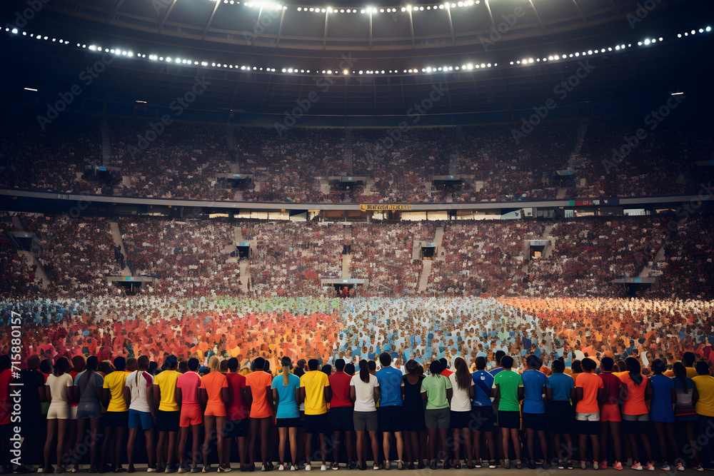 Athletes from around the world gathering in a grand stadium for an ...