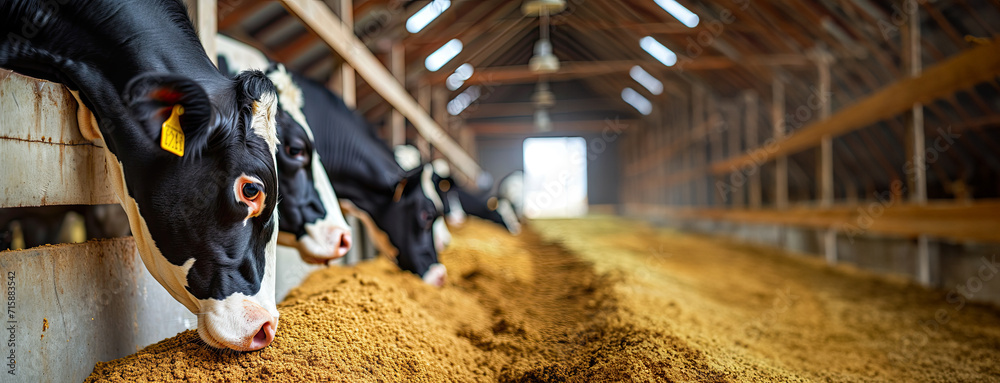 Group of cows at cowshed eating hay or fodder on dairy farm. Healthy ...
