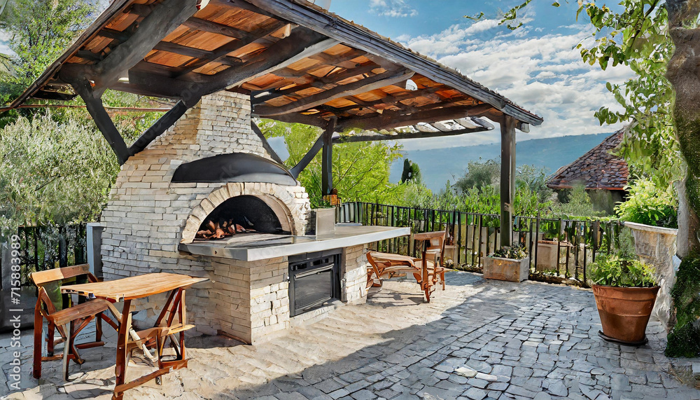 outdoor kitchen with a pizza oven, bar seating, and a pergola for shade ...