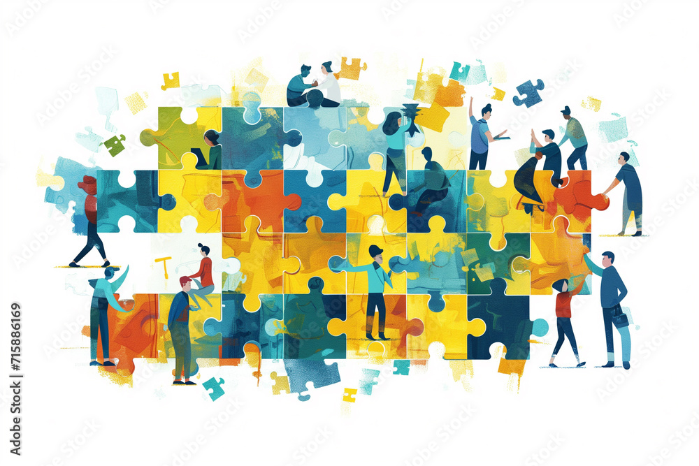 Vibrant scene of employees working together and each person ...