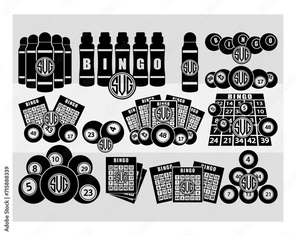 Bingo Cilcle Monogram Bundle, Bingo SVG, Bingo Silhouette, Bingo Cards ...