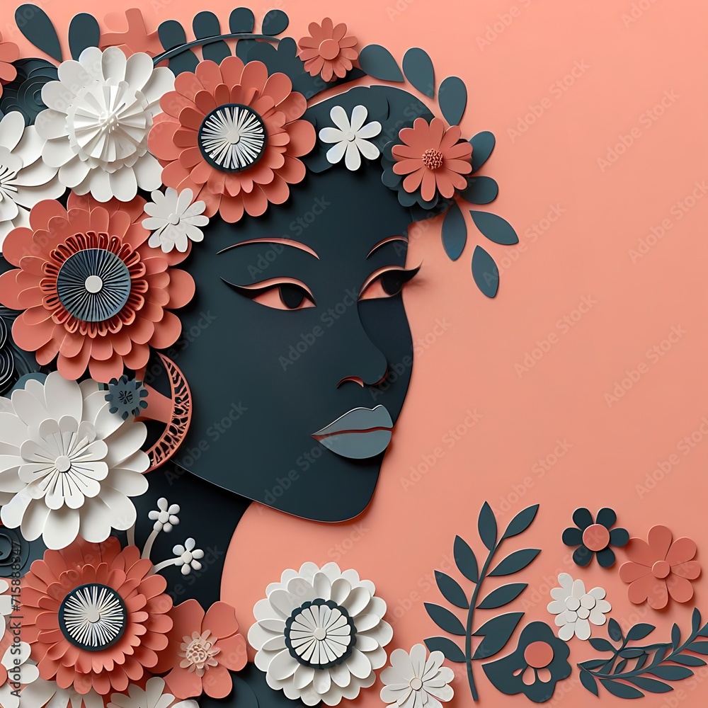 Illustration of face and flowers style paper cut with copy space for ...