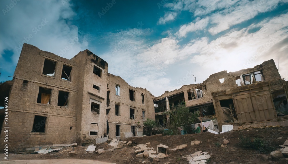 peace crisis concept front of collapsed buildings area war victim ...