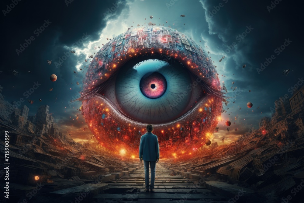 a man standing in front of a giant eye in the middle of a dark sky with ...