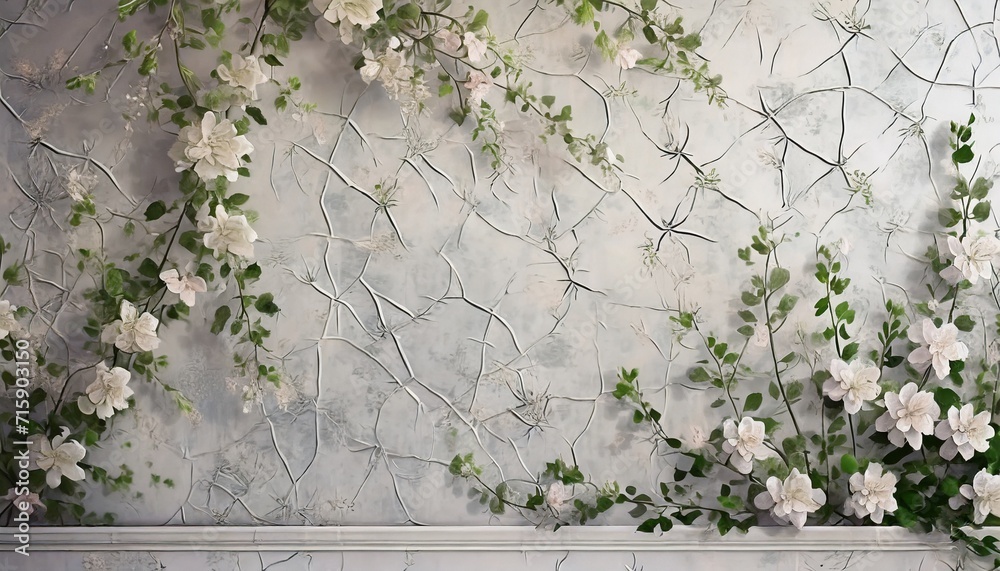 texture wall cracked background which depicts branches with flowers ele ...