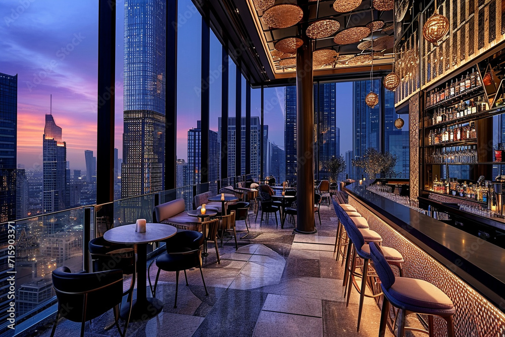 Elegant rooftop bar at dusk, overlooking a bustling city with other ...