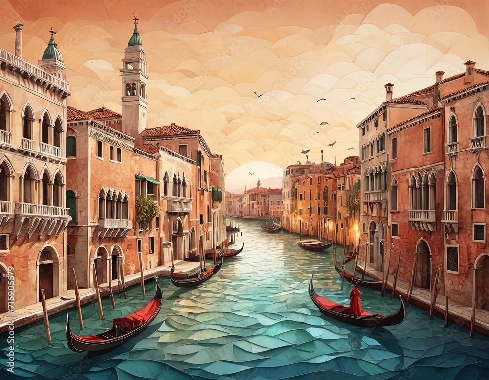 Venice city colorful graphics, night, full moon, Great canal, vector ...