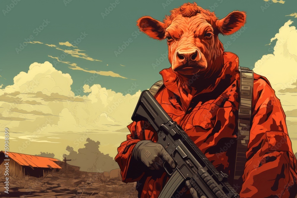 a painting of a man with a gun in his hand and a cow wearing a red ...