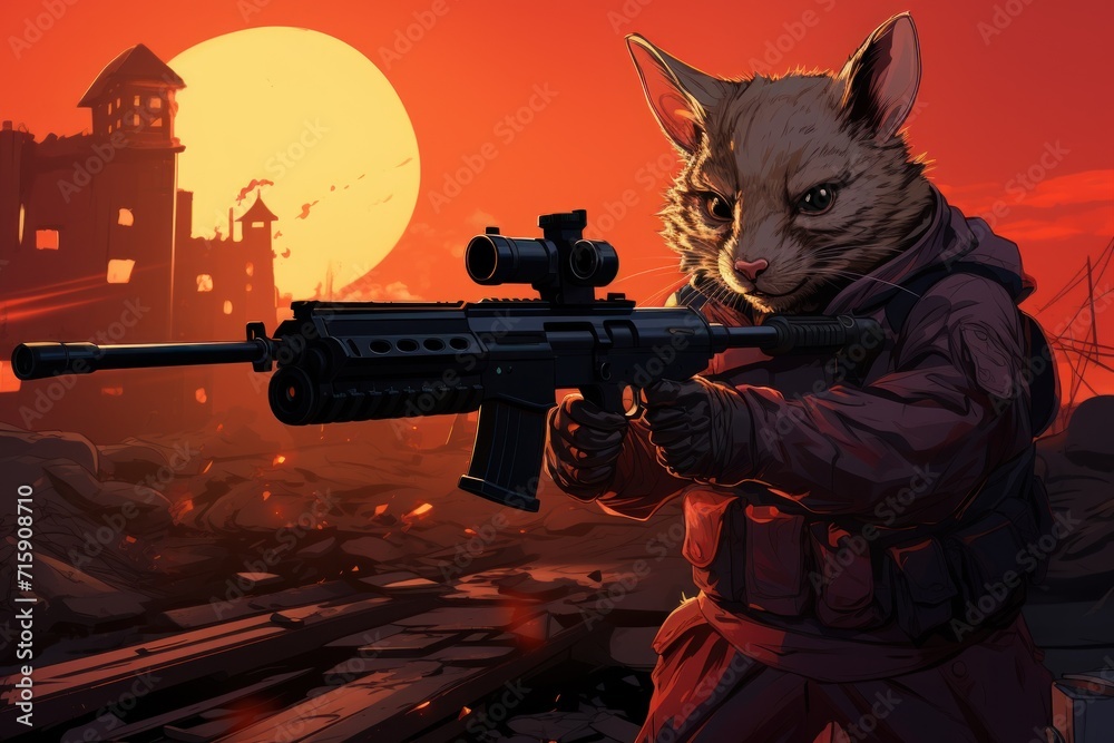 a painting of a cat holding a gun in front of a setting sun with a gun ...