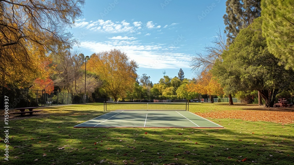 Badminton court set up in a park for a community tournament, fostering ...