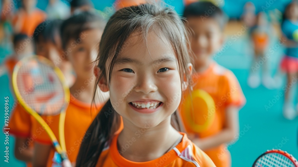 Smiling kids participating in a badminton workshop, learning the basics ... Smiling kids participating in a badminton workshop, learning the basics ...