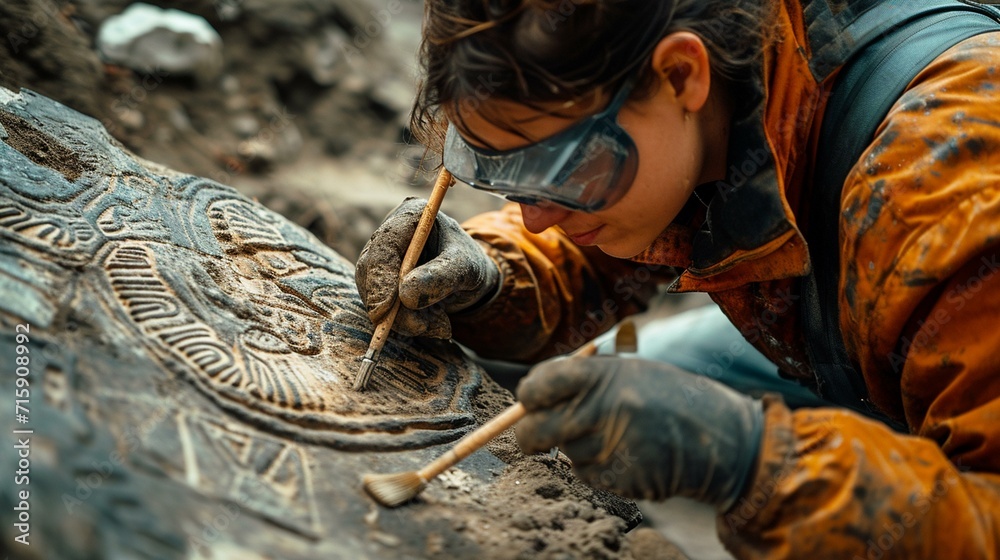 Archaeologist using a brush to clean and reveal intricate details on a ...